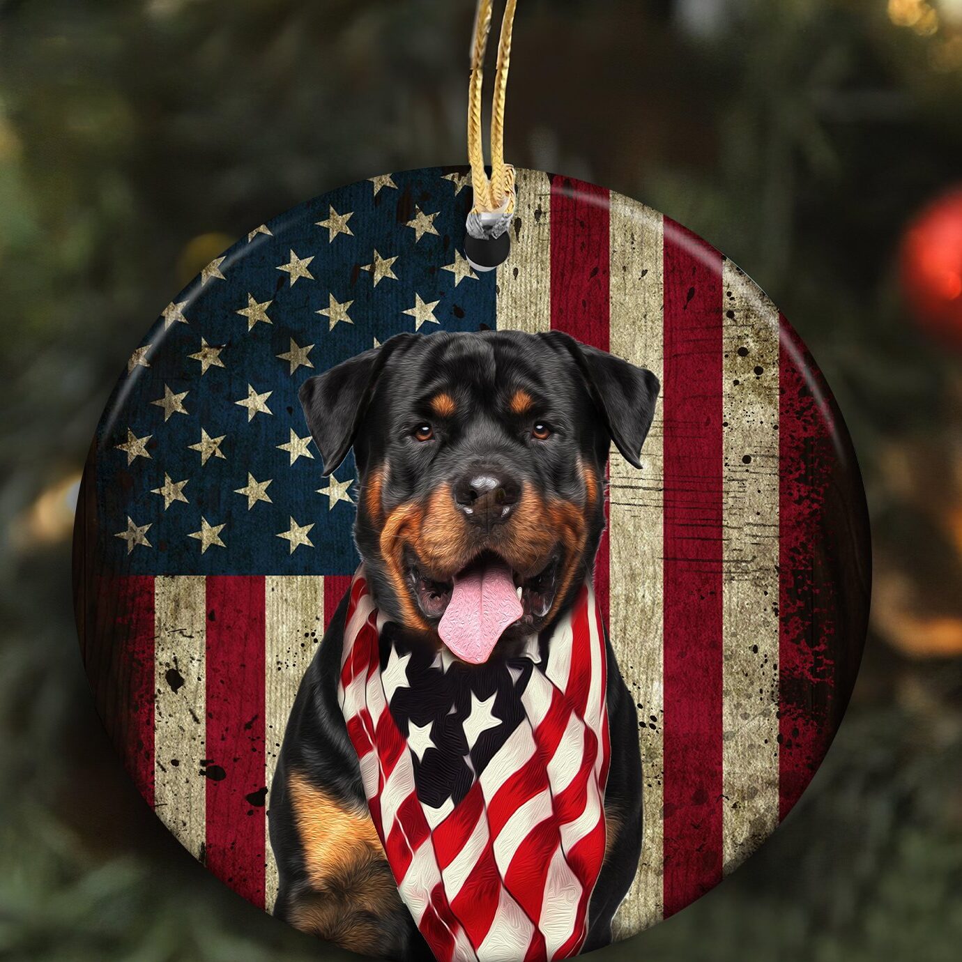 Rottweiler - Happy face with the US flag - Circle Ceramic Ornament ...