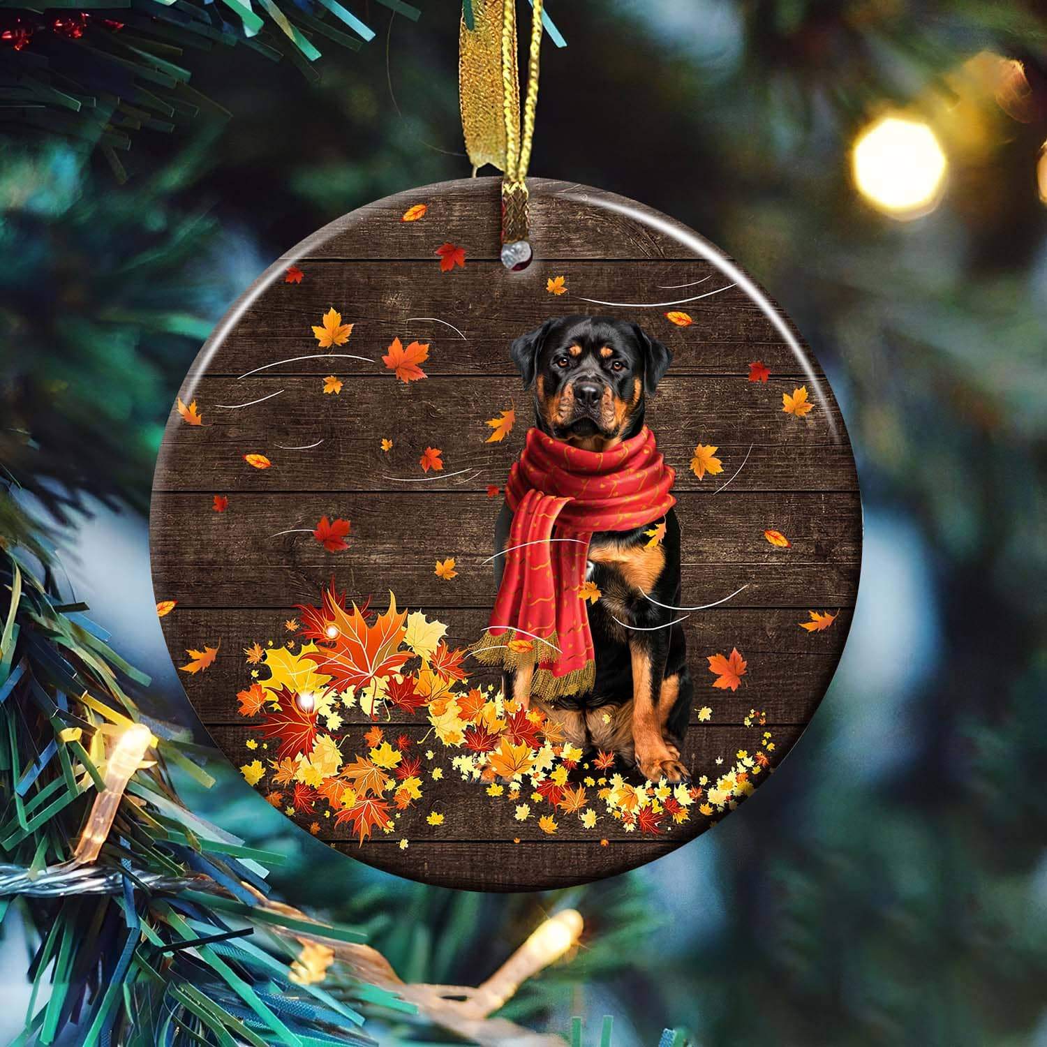 Rottweiler and the red leaves Circle ceramic Ornament - The Daisy Shop